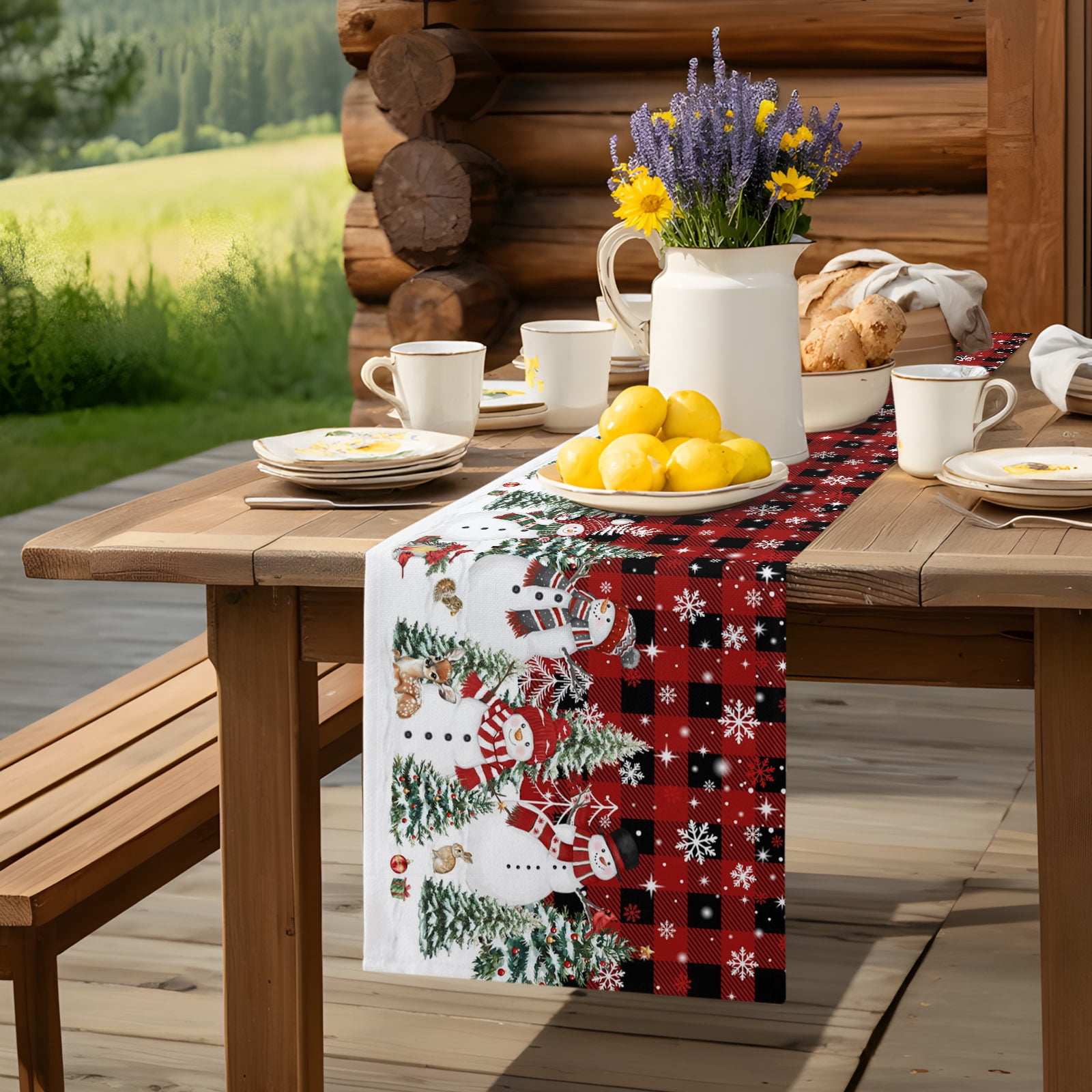 Christmas Trees Snowmen Squirrels Table Runner 13x90in Non-Slip Cotton ...