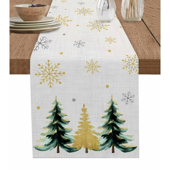 Christmas Trees Table Runner 108 Inches, Golden Green Xmas Tree ...