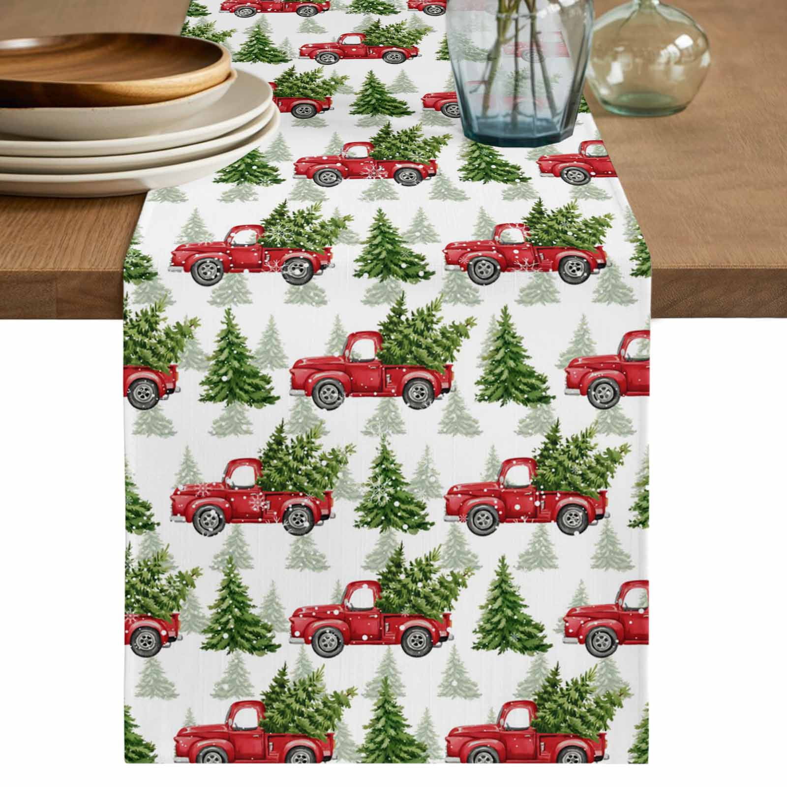 Christmas Trees Table Runner 108 Inches, Winter Xmas Red Truck Textured ...