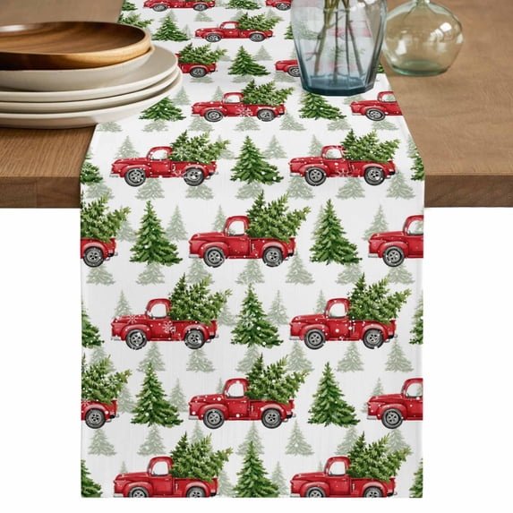 Christmas Trees Table Runner 108 Inches, Winter Xmas Red Truck Textured ...