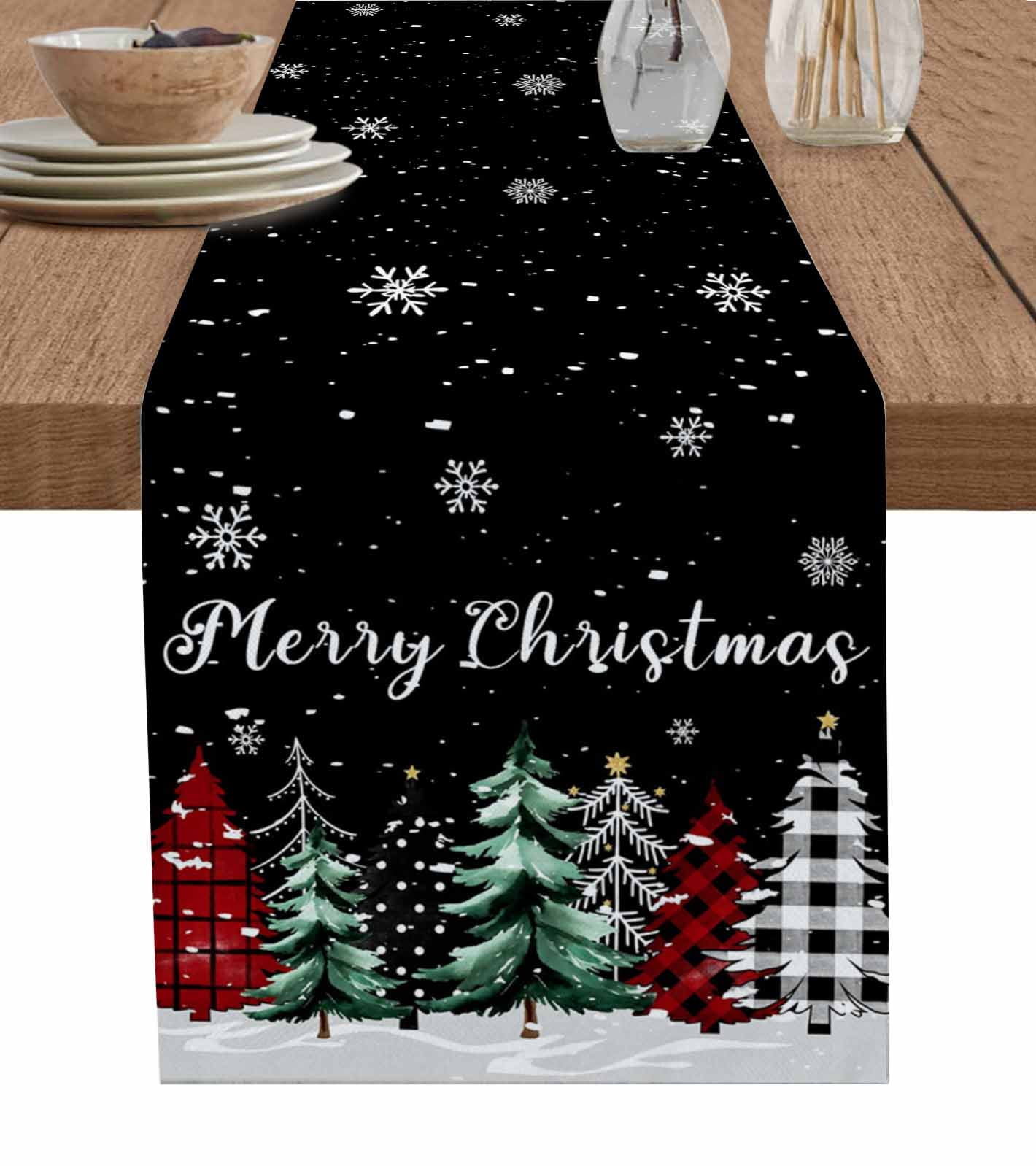 Christmas Trees Table Runner 120 Inches, Black Xmas Tree Snowflakes ...