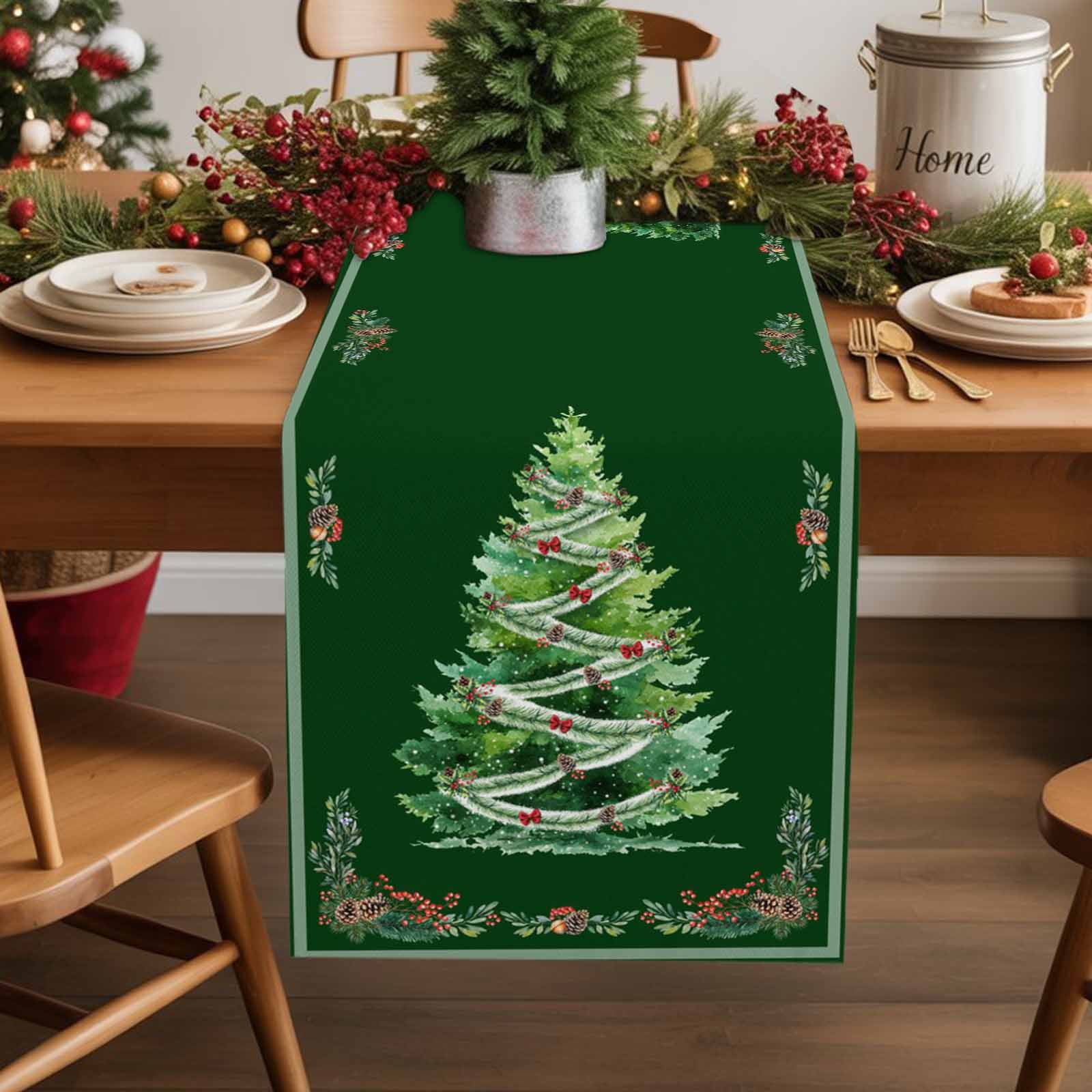 Christmas Trees Table Runner 13x120 Inch Xmas Red Bow Pine Cones Leaf ...