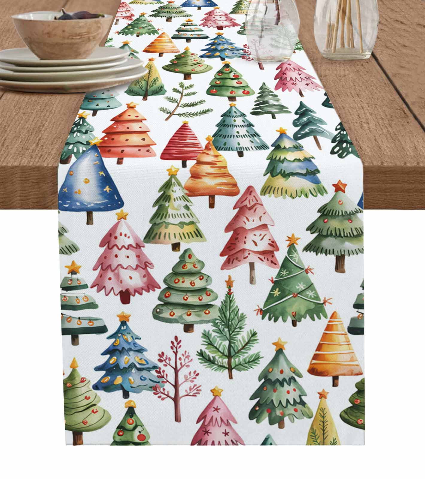 Christmas Trees Table Runner 36 Inches, Winter Xmas Colorful Pine ...
