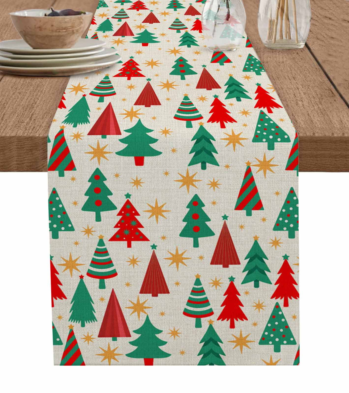 Christmas Trees Table Runner 48 Inches, Beige Xmas Tree Star Winter ...