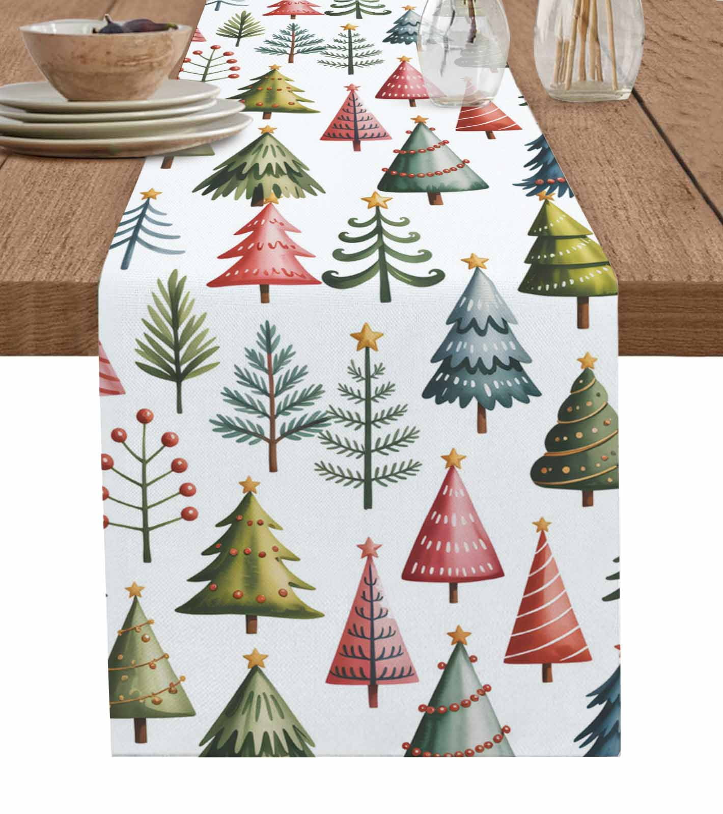 Christmas Trees Table Runner 60 Inches, Winter Xmas Watercolor Pine ...