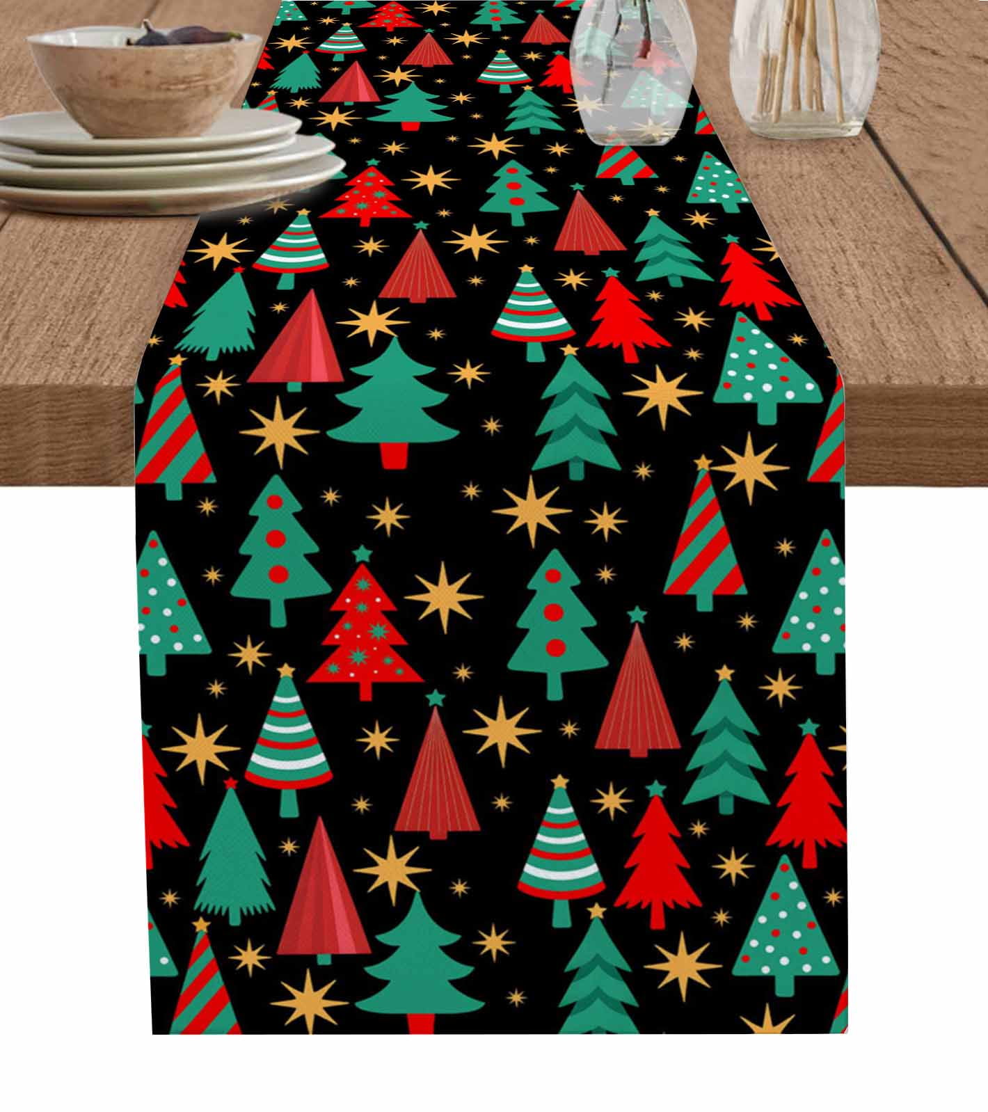 Christmas Trees Table Runner 70 Inches, Black Xmas Tree Star Winter ...
