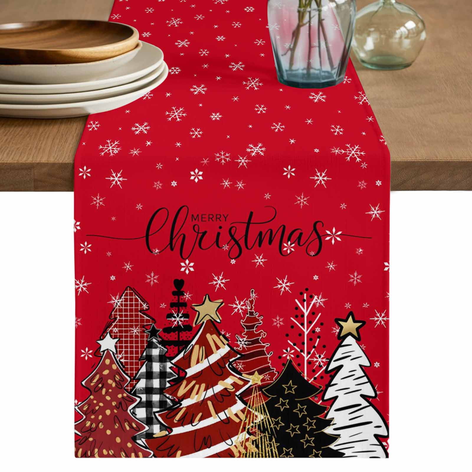 Christmas Trees Table Runner 72 Inches, Red Xmas Pine Tree Snowflake ...