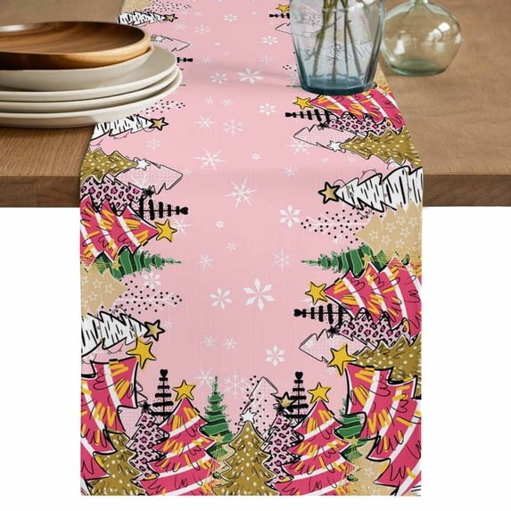 Christmas Trees Table Runner 72 Inches, Xmas Snowflakes Modern Art Pink ...