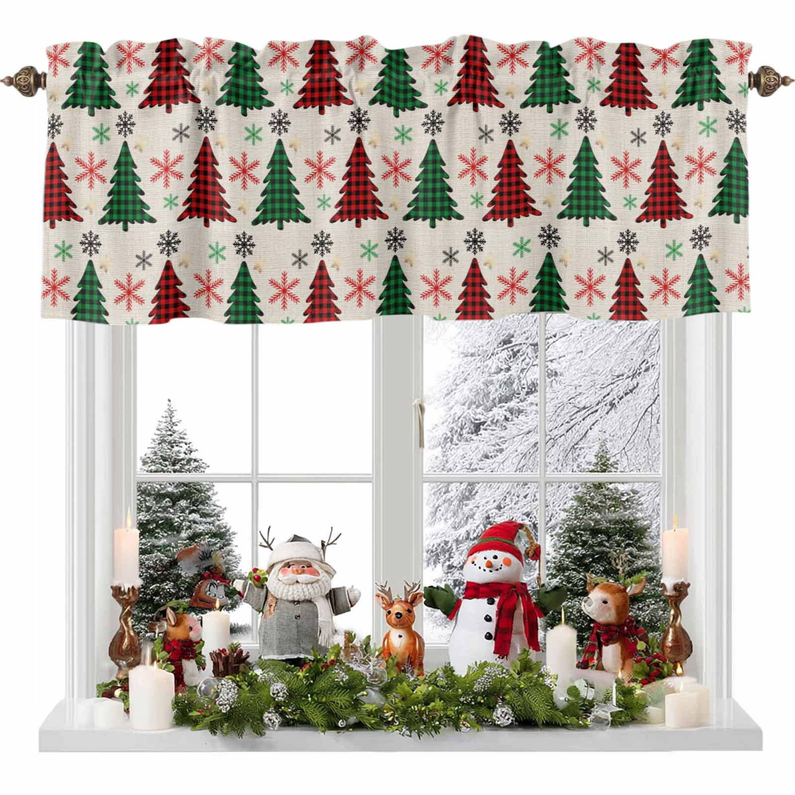 Christmas Trees Valances for Windows, Red Green Black Plaid Snowflake ...