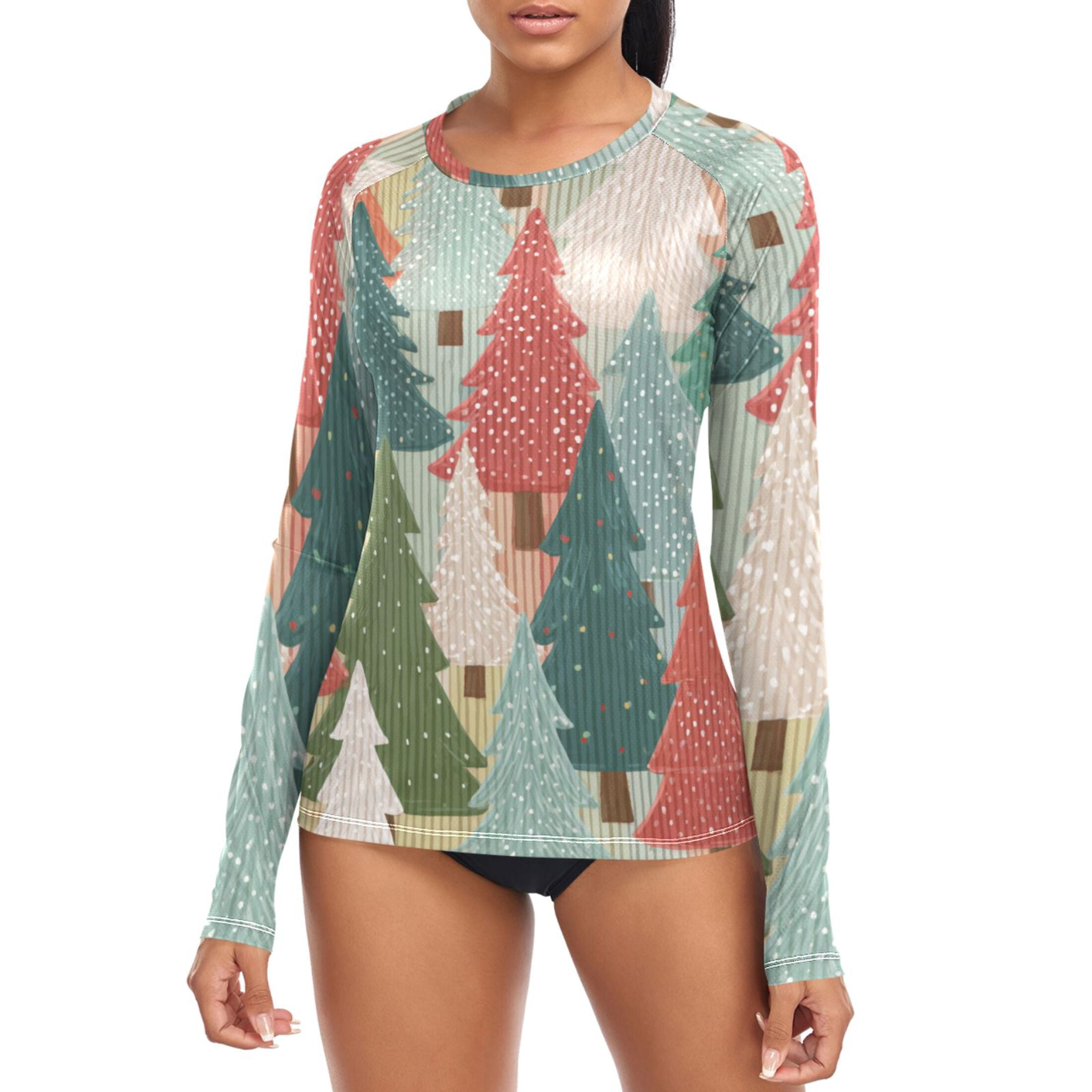 Christmas Trees Whimsical Multicolor Women's Rash Guard Shirts UPF 50 ...