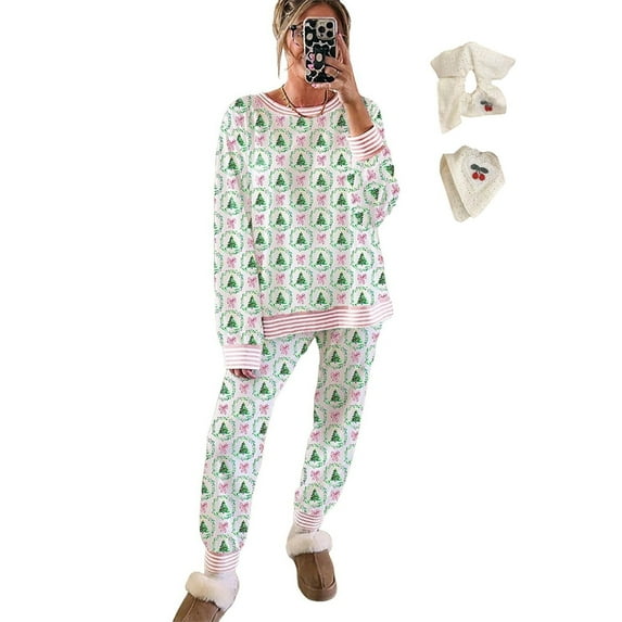 Christmas Trees and Bows Pajama Set, Christmas Pajama Bow Pjs Women ...