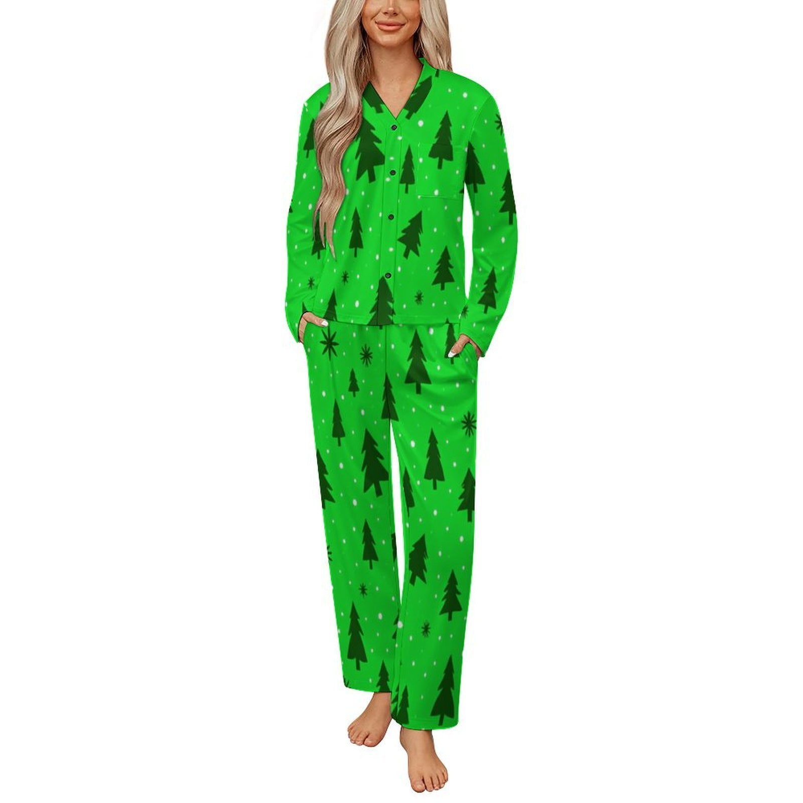 Christmas Trees on Green Womens Pyjamas Set Button Up Pyjamas Womens ...