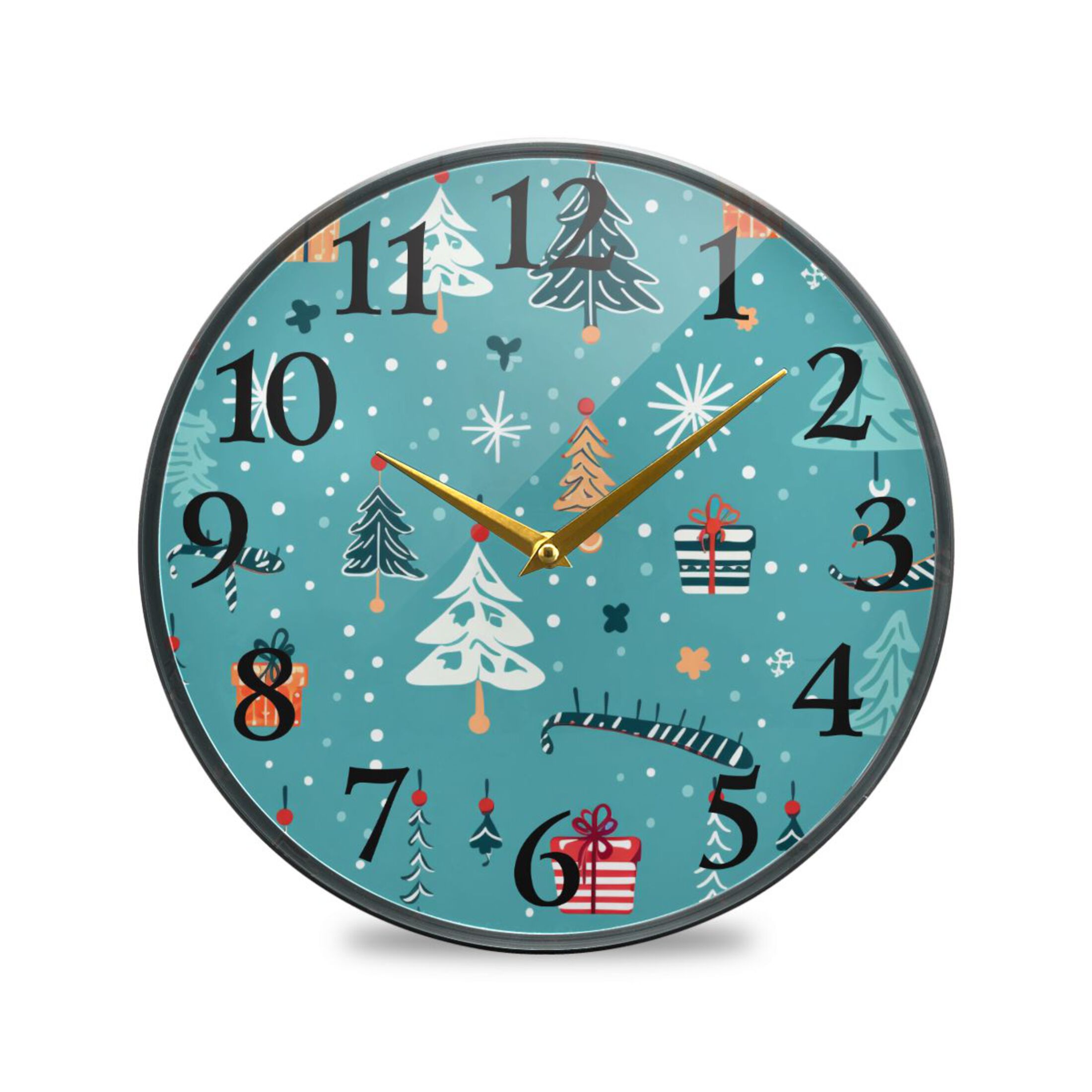 Christmas Trees with Gifts Wall Clocks Battery Operated 9.5 Inch Round ...