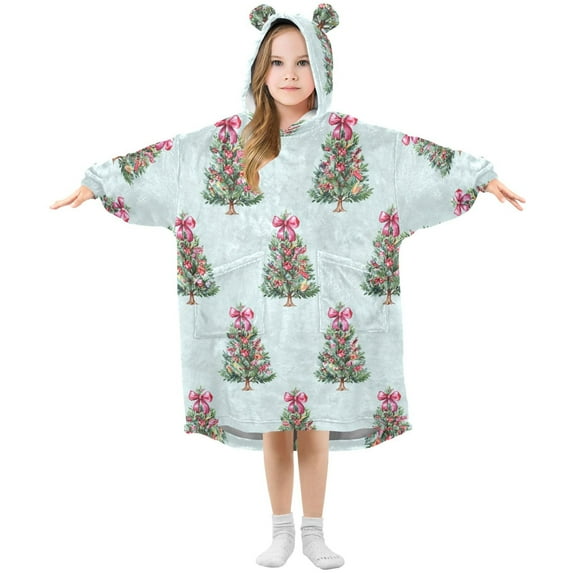 Christmas Trees with Pink Bows Flannel Wearable Blankets Hooded Design ...
