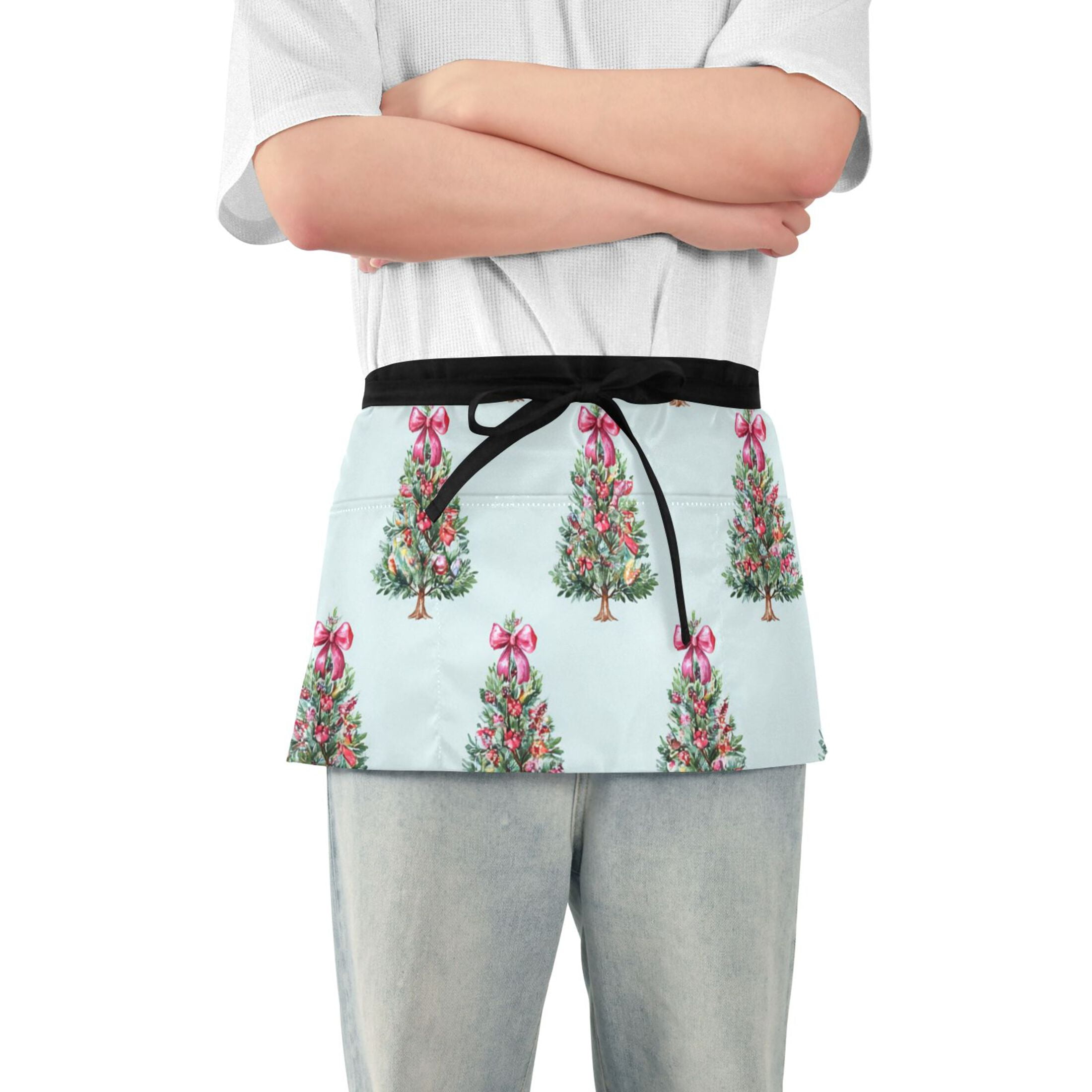 Christmas Trees with Pink Bows Short Server Apron with 3 Pockets for ...