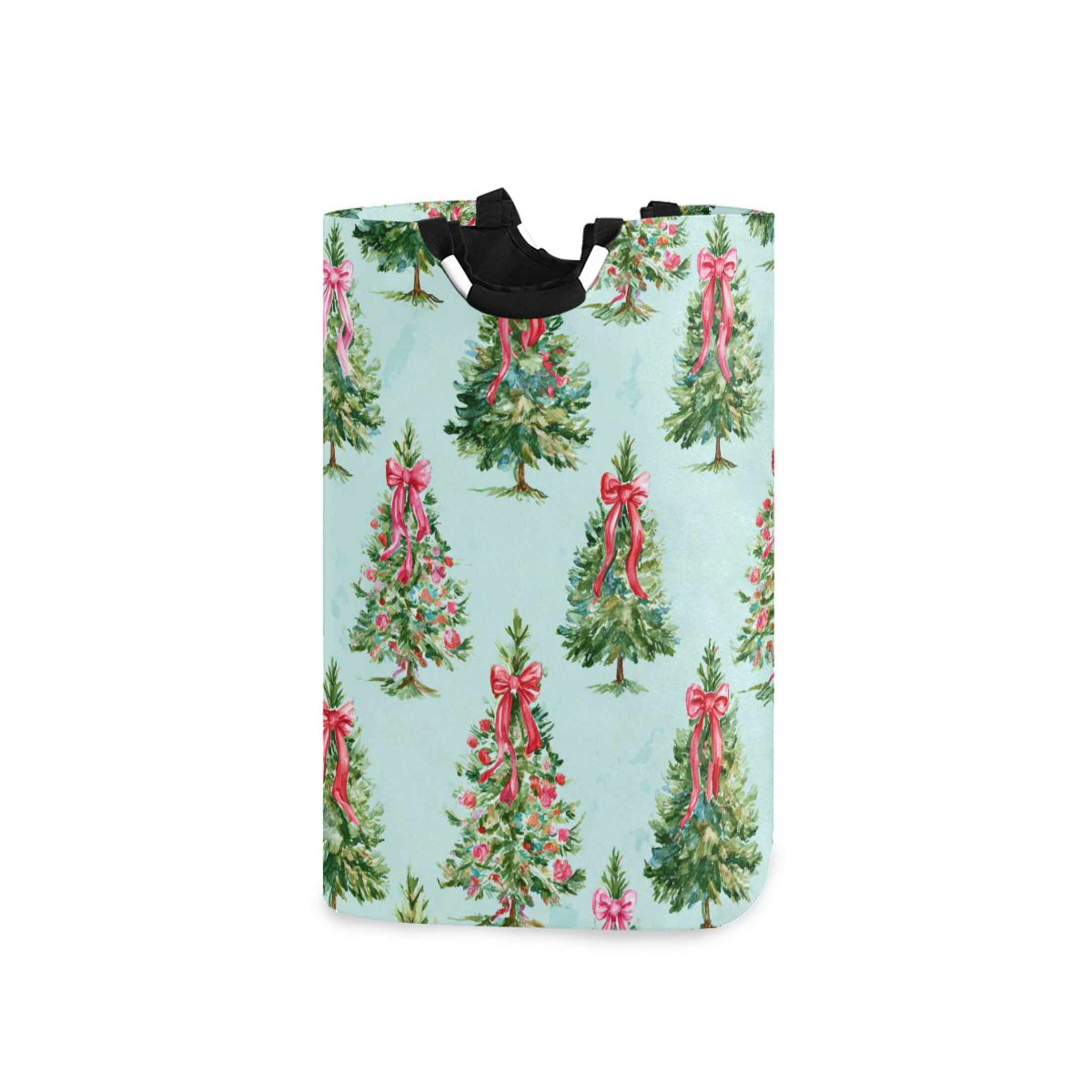 Christmas Trees with Red Pink Bows Laundry Basket with Handles Foldable ...