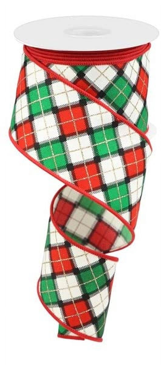 Christmas Tri-Color Diagonal Check Canvas Wired Edge Ribbon - Red ...