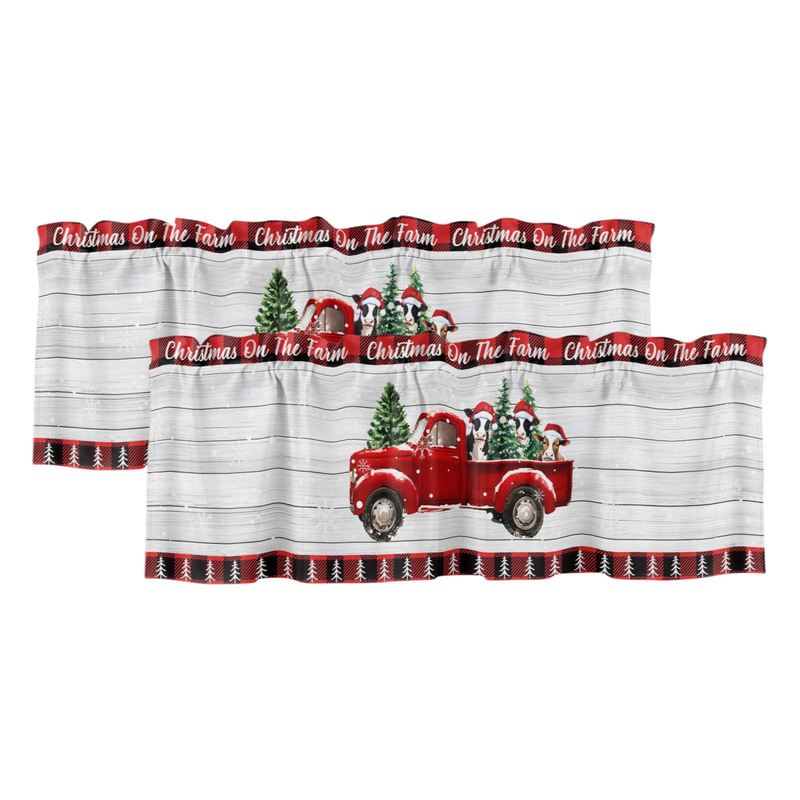 Christmas Truck 2 Panels Kitchen Valance, Farm Cow Pine Tree Snow Wood ...