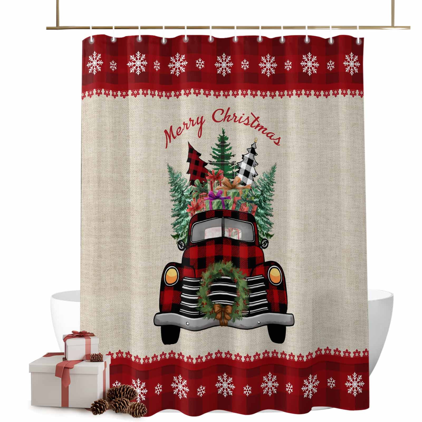 Christmas Truck Bathroom Shower Curtain Xmas Car Pine Tree Snow Retro ...