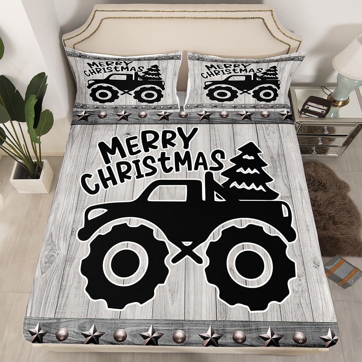 Christmas Truck Bed Sheets Full,Construction Vehicle Christmas Tree ...