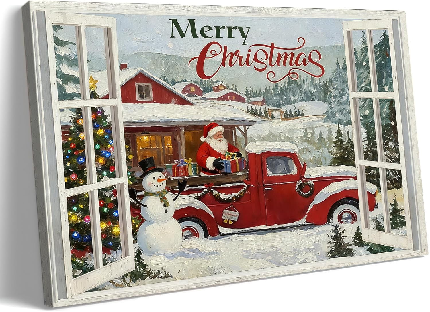 Christmas Truck Canvas Wall Art Framed, Red Pickup with Snowman Barn ...