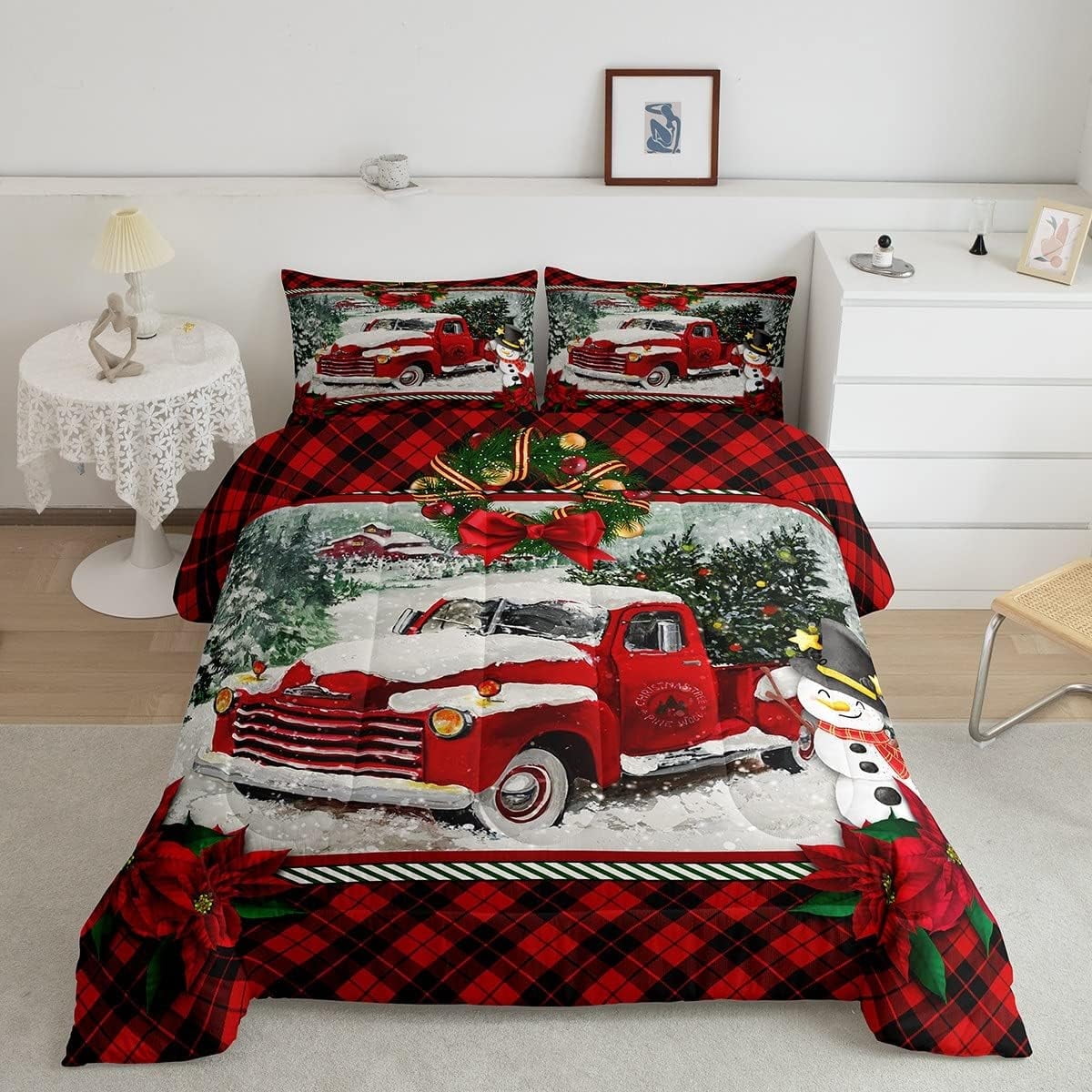 Christmas Truck Comforter Set Twin Size Red Plaid Decor Pine Tree ...