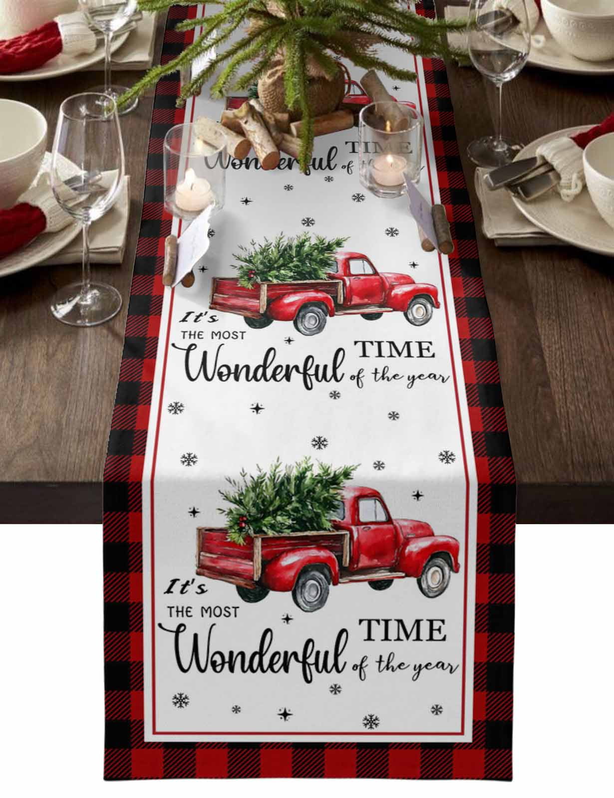 Christmas Truck Cotton Linen Table Runner for Dining Kitchen, Buffalo ...
