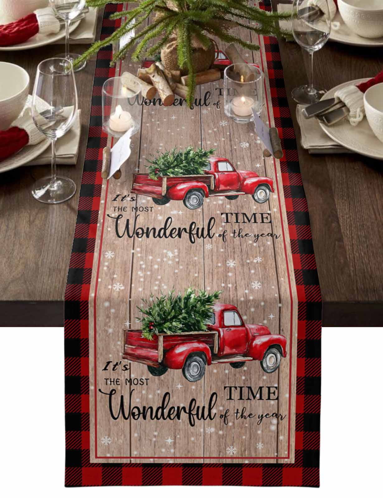 Christmas Truck Cotton Linen Table Runner for Dining Kitchen, Farmhouse ...