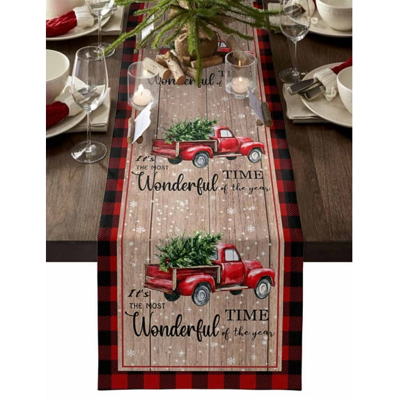 Christmas Truck Cotton Linen Table Runner for Dining Kitchen, Farmhouse ...