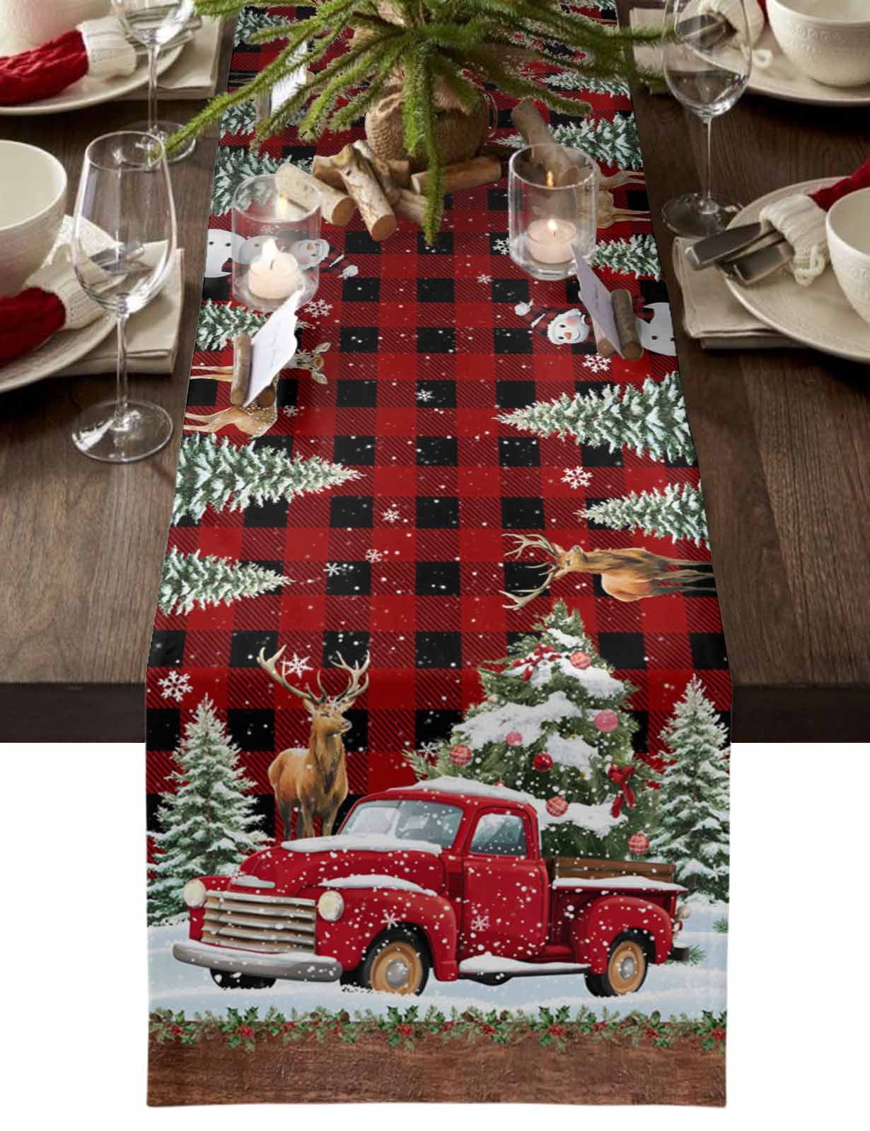 Christmas Truck Cotton Linen Table Runner for Dining Kitchen, Farmhouse ...