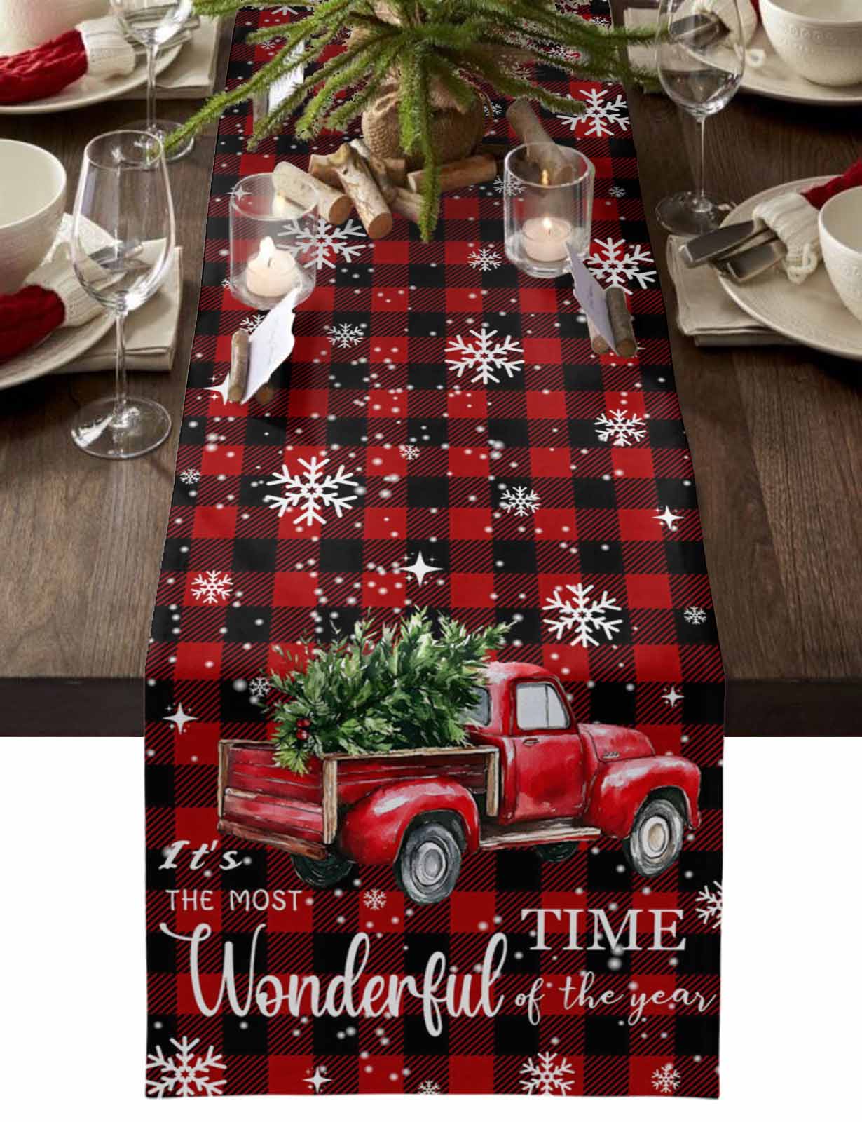 Christmas Truck Cotton Linen Table Runner for Dining Kitchen, Red Black ...