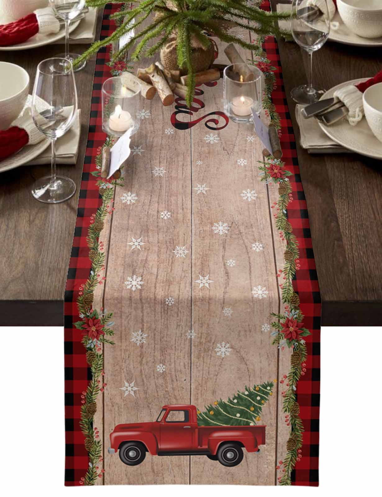 Christmas Truck Cotton Linen Table Runner for Dining Kitchen, Winter ...