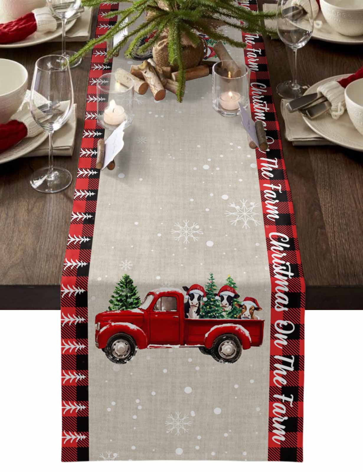 Christmas Truck Cotton Linen Table Runner for Dining Kitchen, Xmas Tree ...