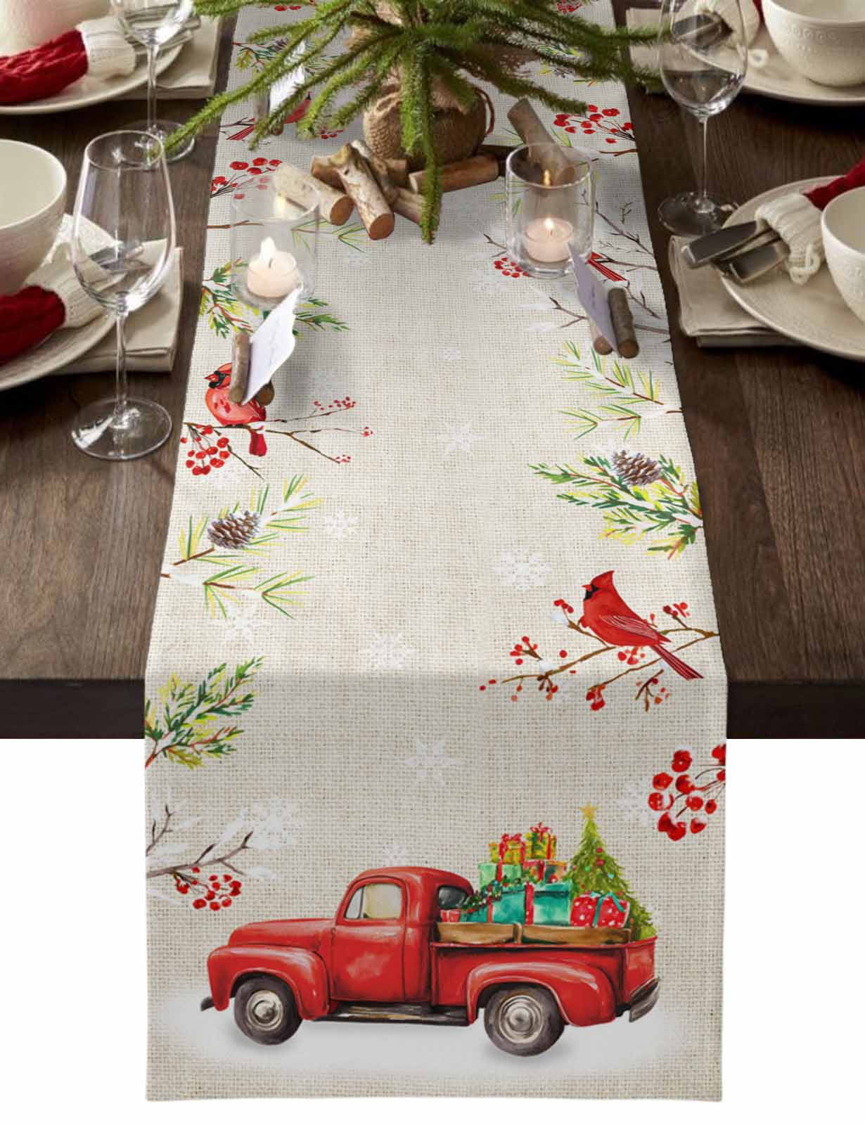 Christmas Truck Cotton Linen Table Runner for Dining Kitchen, Xmas Tree ...