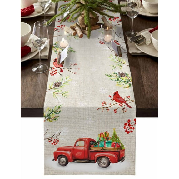 Christmas Truck Cotton Linen Table Runner for Dining Kitchen, Xmas Tree ...