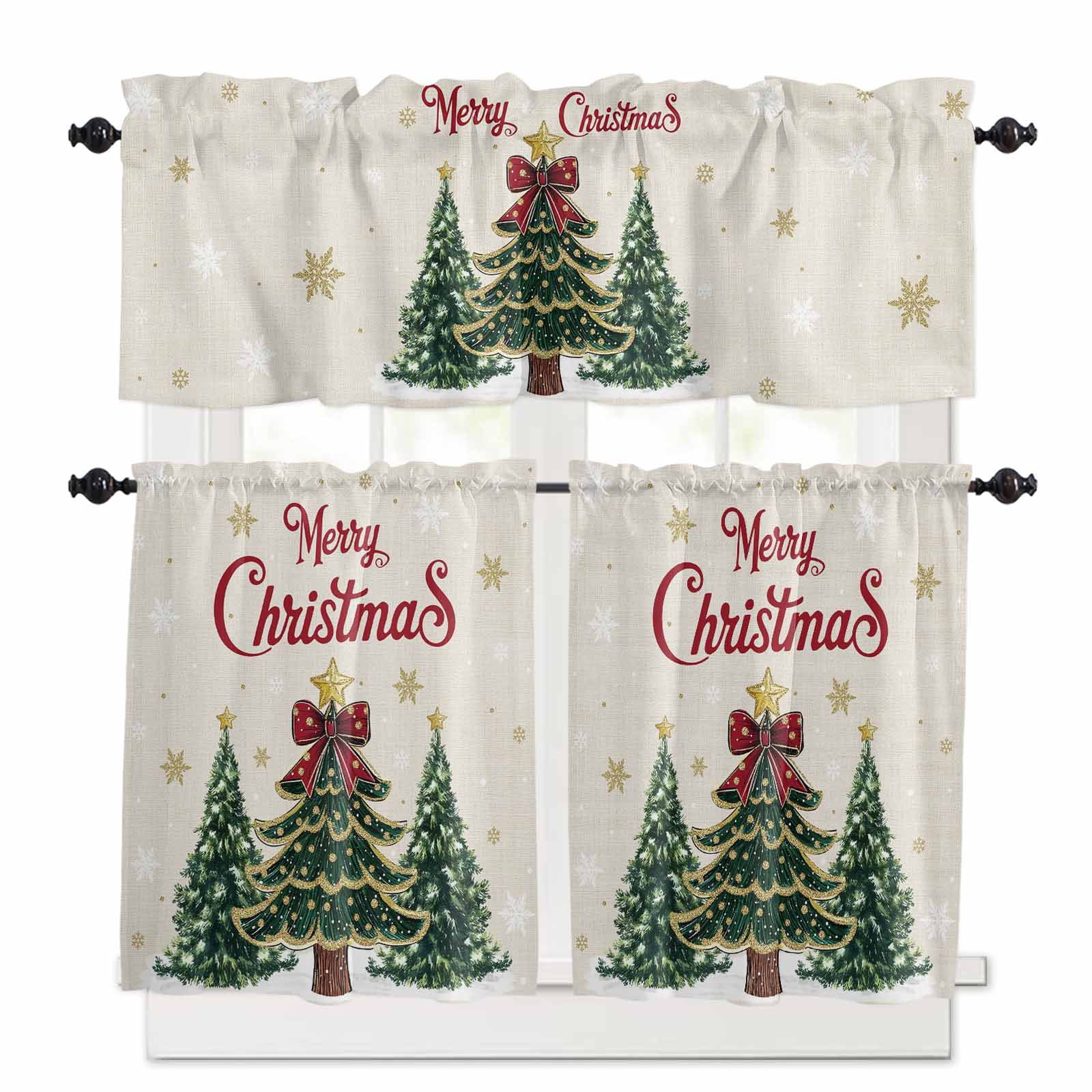 Christmas Truck Curtain Valances Set Xmas Snowman Tree Balls Winter ...