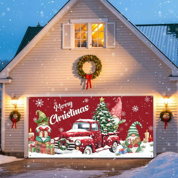 Christmas Truck Dwarfs Garage Door Banner Covers, Winter Snowflakes Red ...