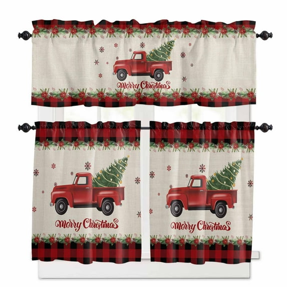 Christmas Truck Kitchen Curtains Valances and Tiers Set of 3 Pine Tree ...