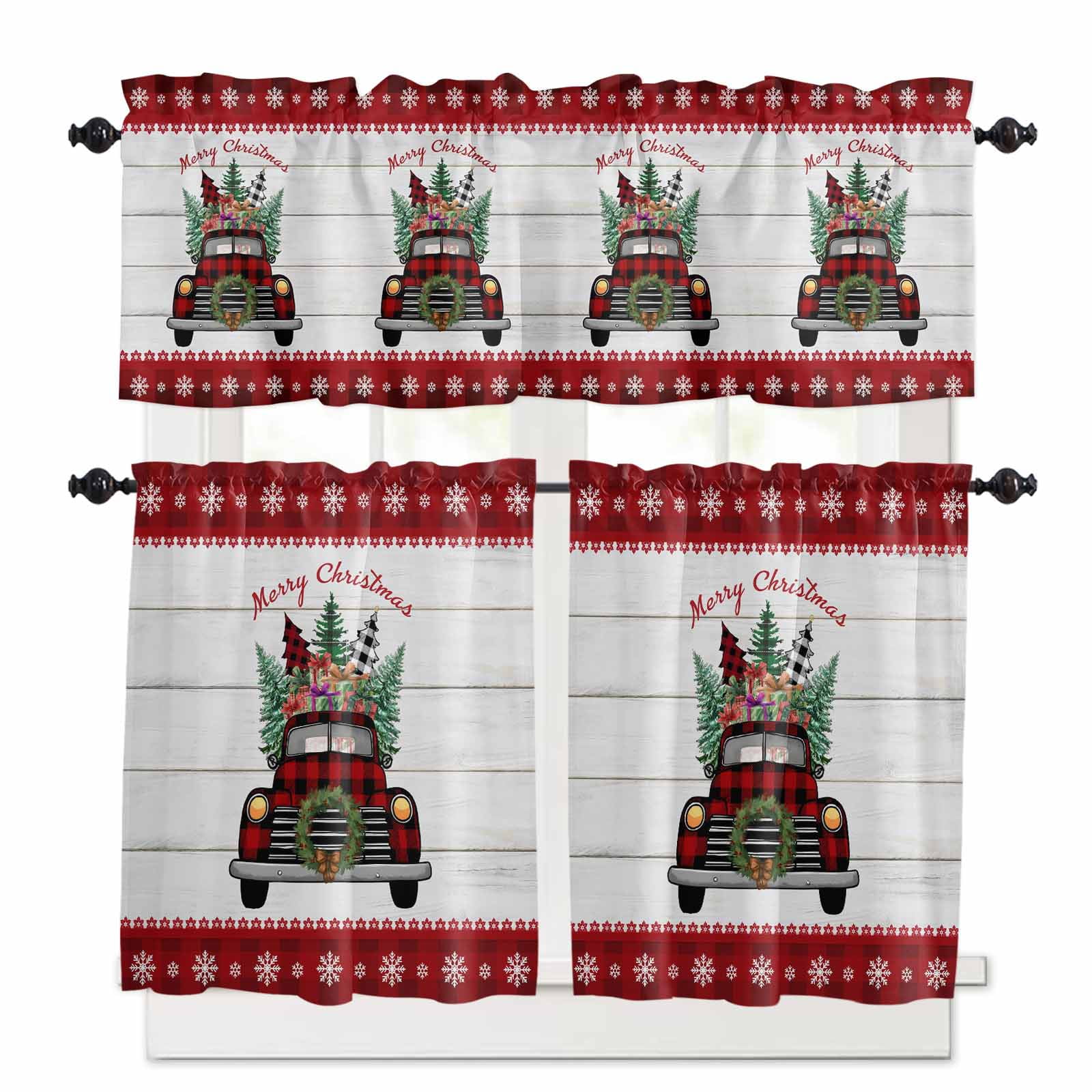 Christmas Truck Kitchen Curtains Valances and Tiers Set of 3 Xmas Car ...