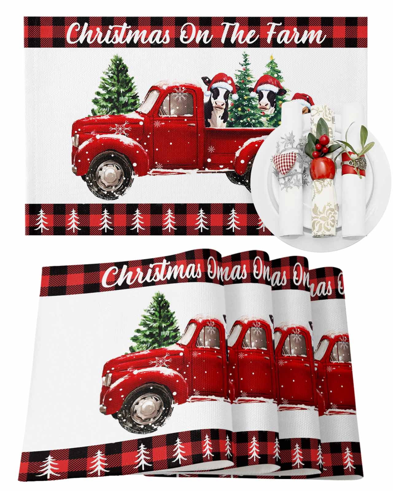 Christmas Truck Placemats Set of 12 Farm Cow Pine Tree Snowing Red ...