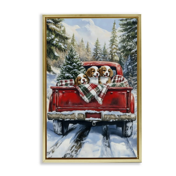 Christmas Truck Pups Trio Gold Framed Floater Canvas Wall Art, design ...