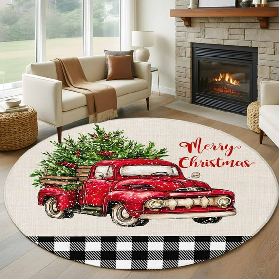 Christmas Truck Round Rug 5ft Washable Circle Kitchen Rugs Non Slip ...