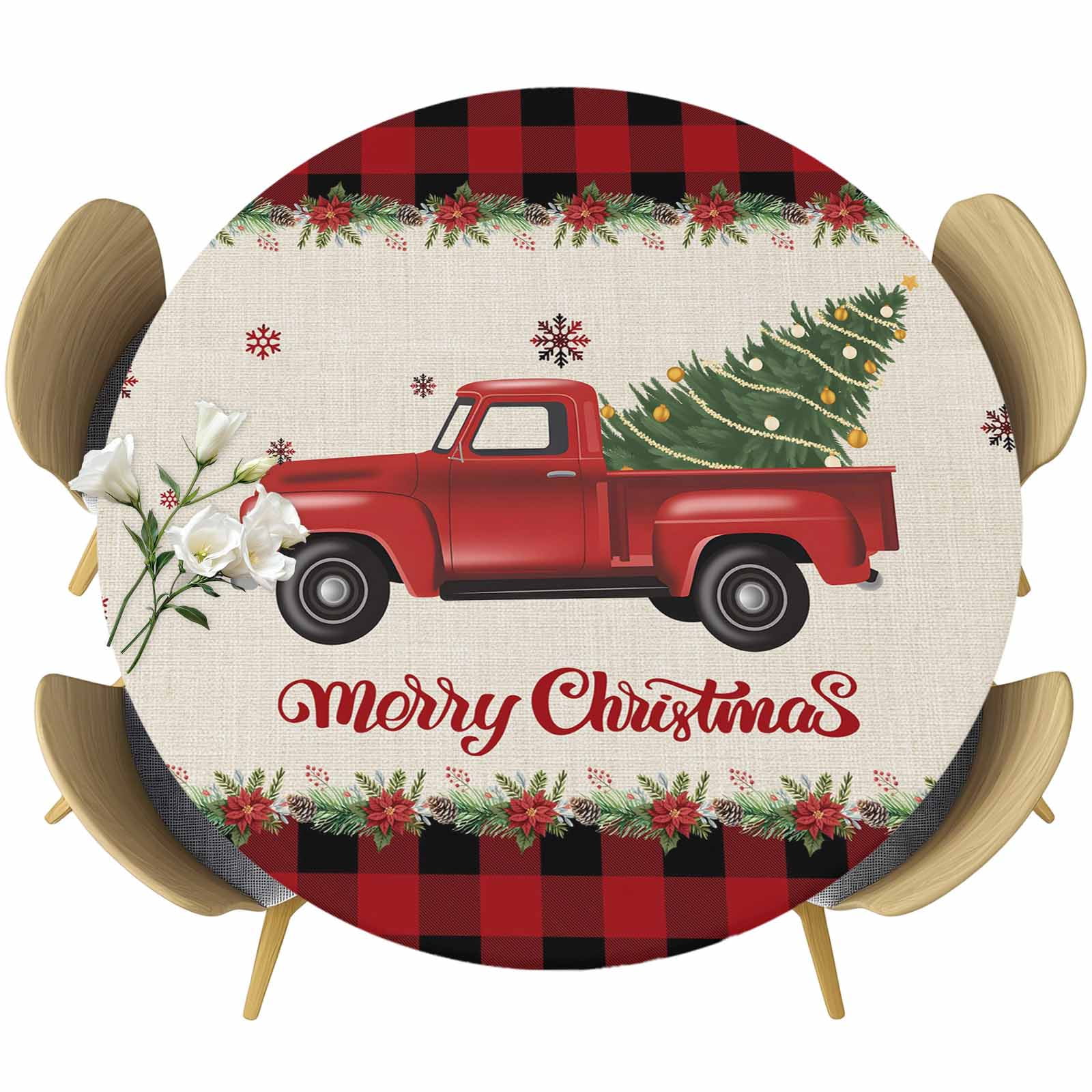Christmas Truck Round Tablecloth, Fitted Table Cover with Elastic for ...
