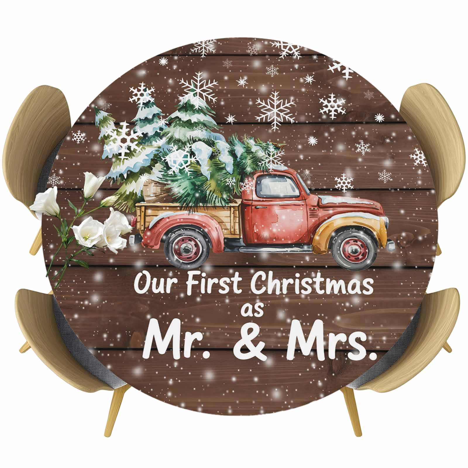 Christmas Truck Round Tablecloth, Fitted Table Cover with Elastic for ...
