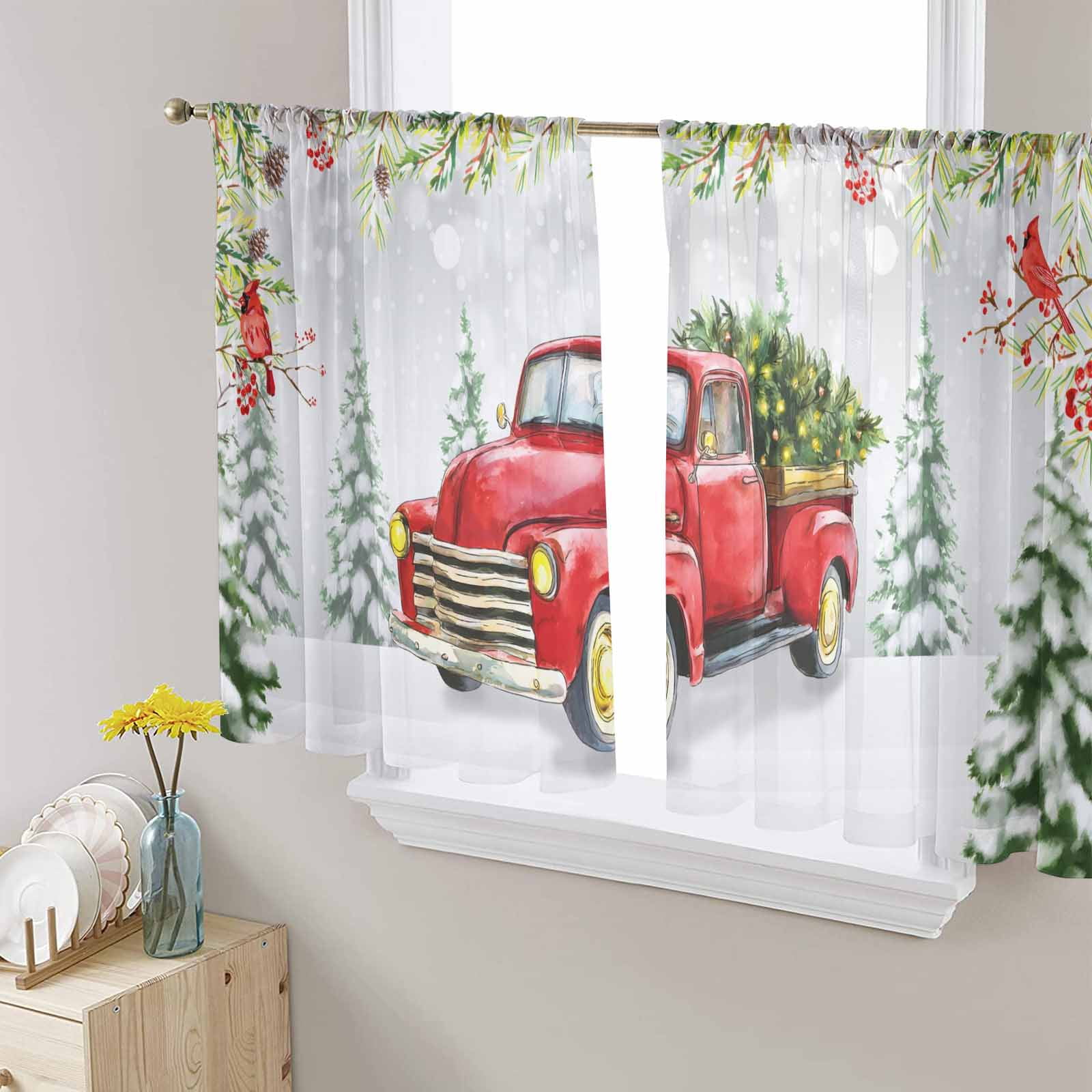 Christmas Truck Sheer Curtains 45 Inch Length 2 Panels Set, Semi ...