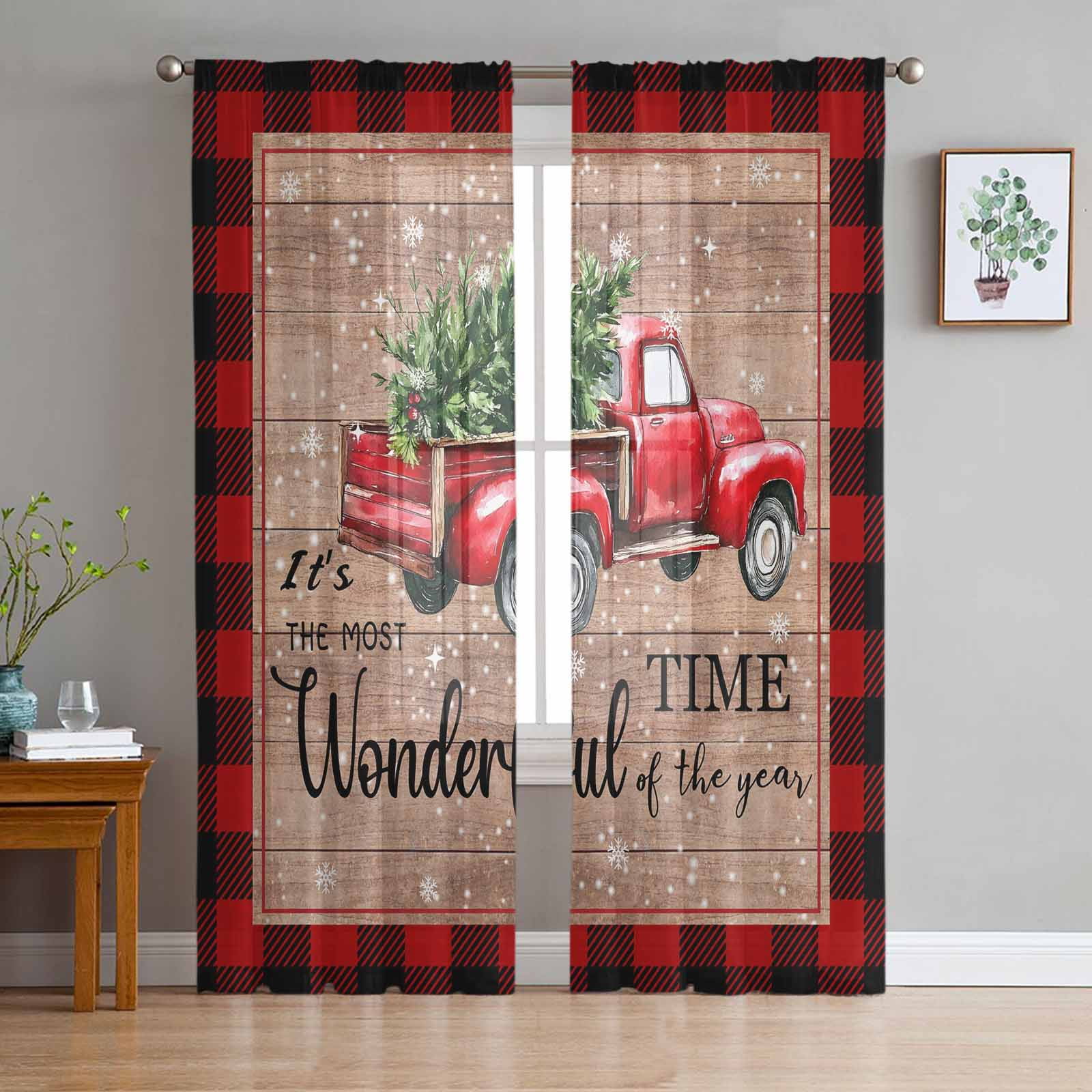 Christmas Truck Sheer Curtains 96 Inches Long, Farmhouse Buffalo Check ...