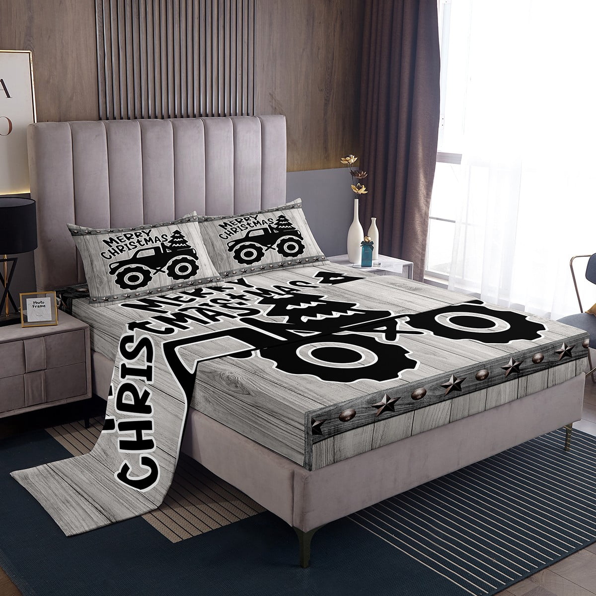 Christmas Truck Sheet Set Full,Construction Vehicle Christmas Tree ...