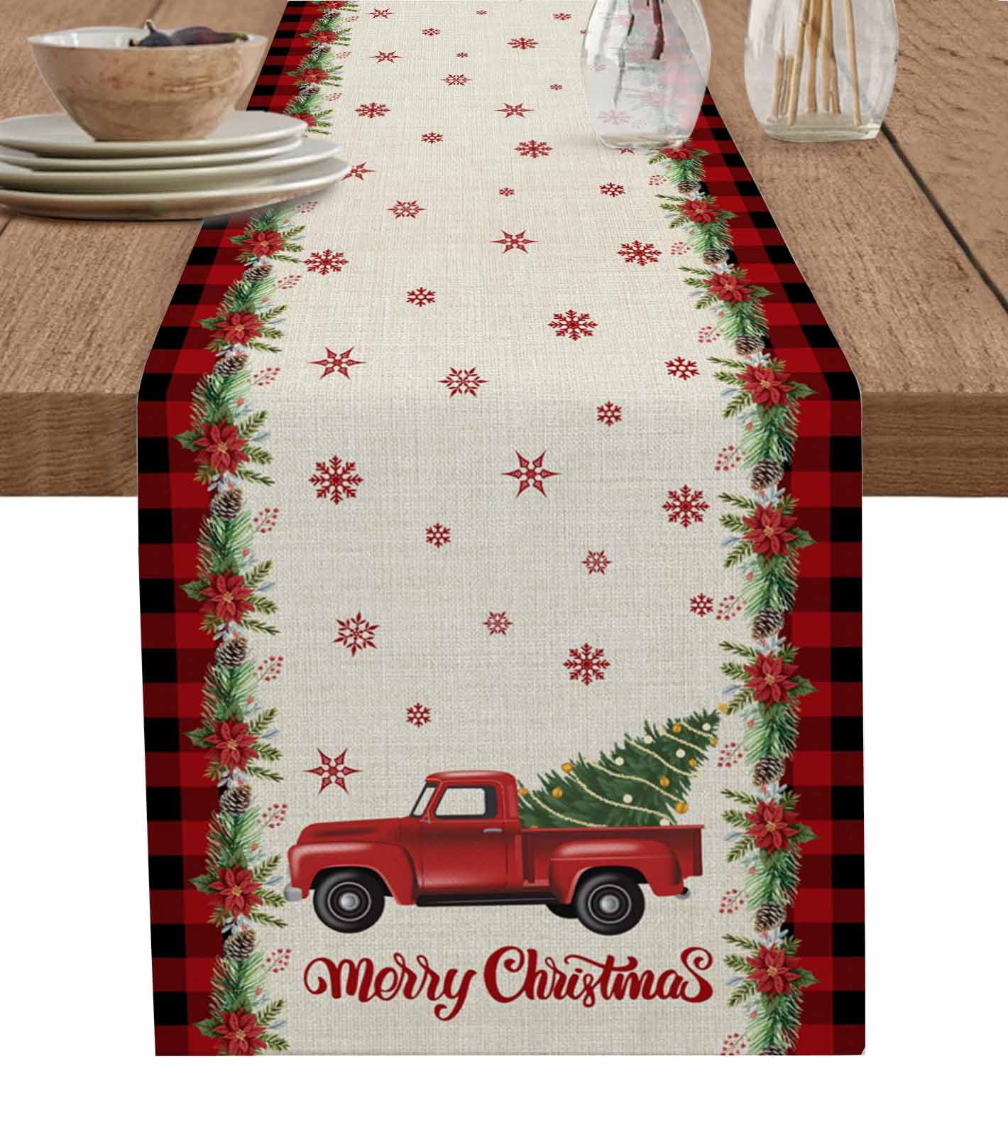 Christmas Truck Table Runner 36 Inches, Red Black Plaid Xmas Tree ...