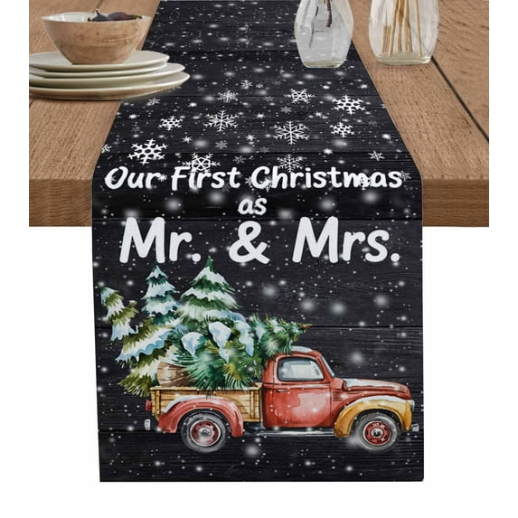 Christmas Truck Table Runner 36 Inches, Winter Snowflake Xmas Tree Wood ...