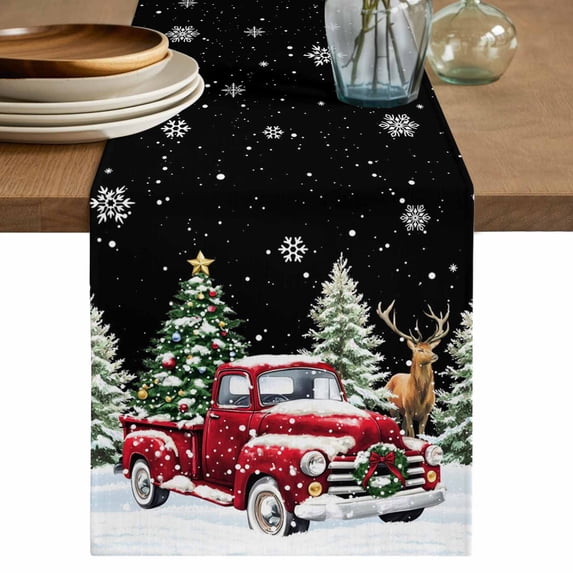 Christmas Truck Table Runner 60 Inches, Winter Snowflakes Xmas Tree ...